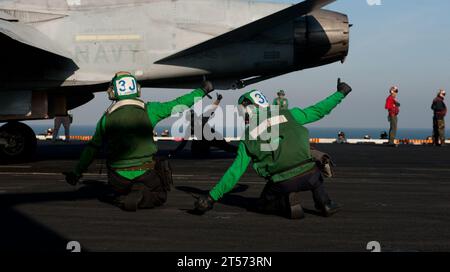 US Navy Final checkers signal clear to launch as an F18C Hornet ...