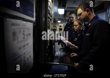 US Navy Sailors configure the global broadcast system in the main ...