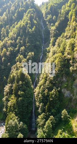 Palovit waterfall. Aerial view of waterfall flowing over mountain ...