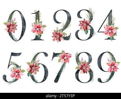 Watercolor christmas floral numbers for invitations, greeting card ...
