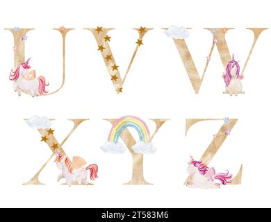 Watercolor letters with unicorns for invitation card, nursery poster ...