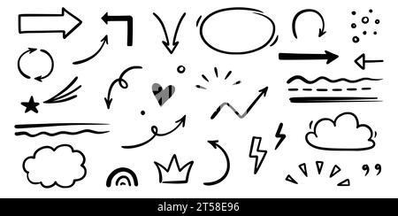 Line arrow, underline, round frame hand drawn vector element set. Hand ...