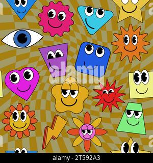 Smiley faces stickers, trippy seamless pattern. Retro trendy background ...