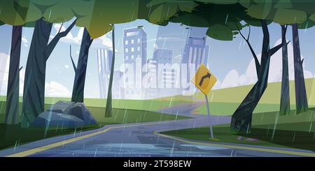 Asphalt twisting road to city in rainy weather with puddles and sign ...