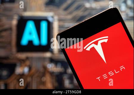 In this Photo illustration a Tesla brand logo seen displayed on an ...