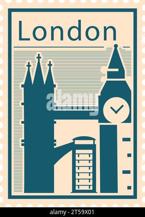 Postal stamp with TOWER BRIDGE famous landmark of LONDON, UNITED ...