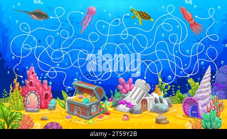 Labyrinth maze cartoon underwater landscape and animals. Kids vector ...