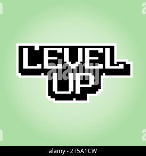 8bit game level up pixel screen. Retro arcade user interface mosaic ...