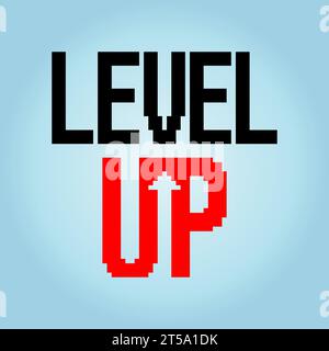 8bit game level up pixel screen. Retro arcade user interface mosaic ...