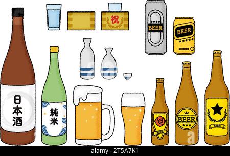 Sake and beer set with hand-drawn, analog touch - Translation: Sake ...
