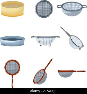 Cook colander icons set cartoon vector. Colander of various shape and ...