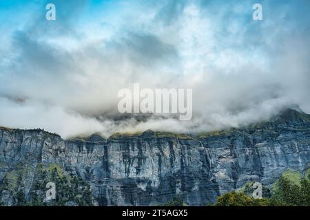 Majestic landscape of Giffre valley of mountain range with cascade in ...
