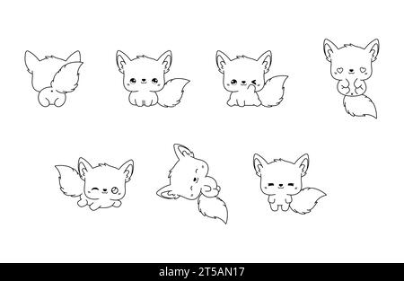 Set of Kawaii Isolated Fox Coloring Page. Collection of Cute Vector ...