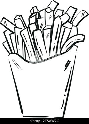 French fries flying to paper box. Sketch style hand drawn illustration ...