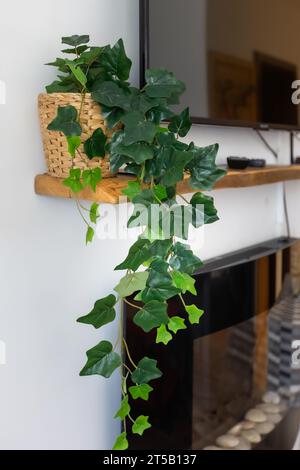 Interior of living room with electric fireplace decorated for Halloween ...