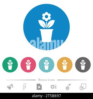 flowerpot with flower and leaves solid white flat icons on color ...