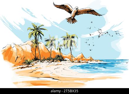 Drawing of Aruba eagle beach caribbean tropical island illustration ...