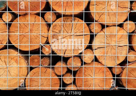 logs in a wire net Stock Photo - Alamy