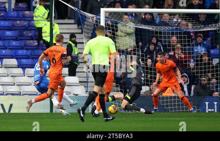 Birmingham City's Jay Stansfield (left) speaks with referee Elliot Bell ...