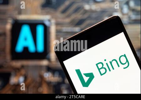 In this photo illustration a Bing AI logo is displayed on a smartphone ...