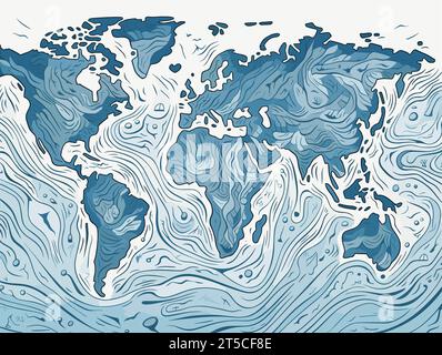 Drawing of Map of the world with oceans and seas illustration separated ...