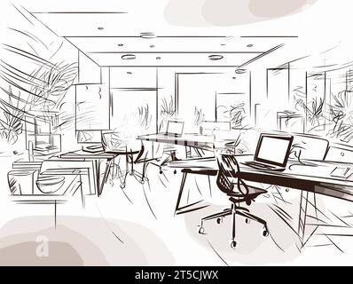 Drawing of stylish workspace interior for team collaboration ...