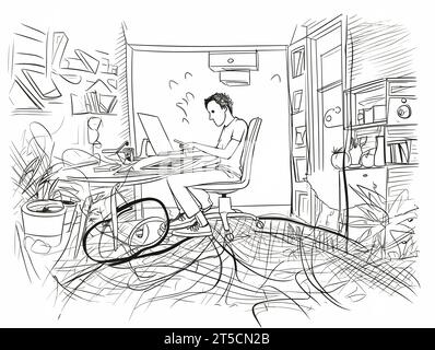 Drawing of working at home illustration separated, sweeping overdrawn ...