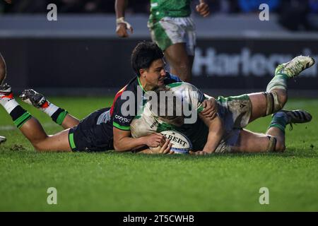 Newcastle Falcons' Guy Pepper (left) and Exeter Chiefs' Aidon Davis in ...