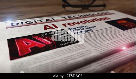 AI revolution artificial intelligence technology innovation vintage news and newspaper printing ...