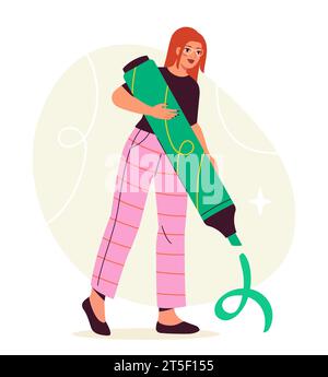 Smiling young woman with huge marker put mark on list in notebook ...