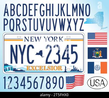 New York State car license plate, letters, numbers and symbols, USA ...
