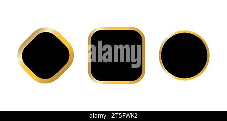 Three square golden decorative frames. Set of shiny gold borders on a ...