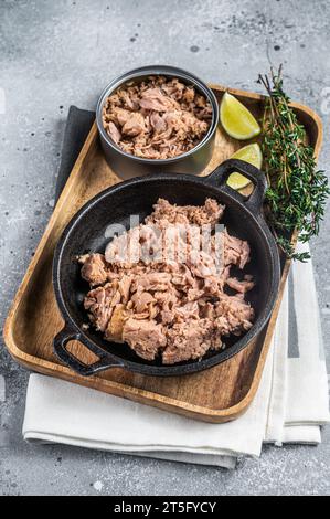 Canned tuna fillet meat ready for cooking. Gray background. Top view ...