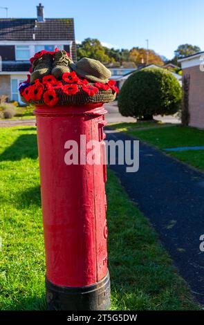 Crochet 'poppy rememberance day' postbox topper. Church Street, Stilton ...