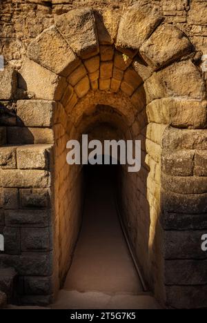 dimly lit passageway with arched stone walls, a lantern casting a warm ...