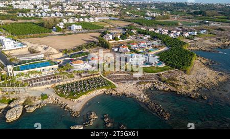 Aerial drone view of the Atlantica Golden Beach Hotel Kissonegra ...