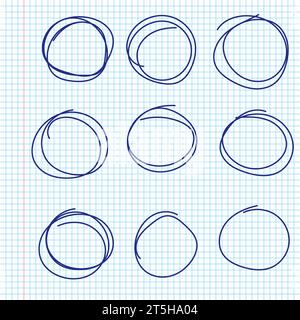 Hand drawn pen circles line sketch set on notebook pages. Drawing blue ...