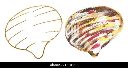 Acrylic hand painted sea shells illustration, golden graphic liner ...