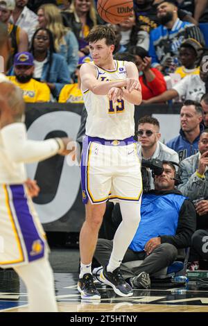 Los Angeles Lakers guard Austin Reaves (15) gestures after making a ...