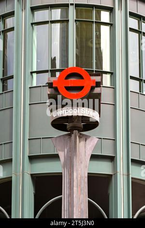 Liverpool Street Tube station sign, the classic red and blue roundel of ...