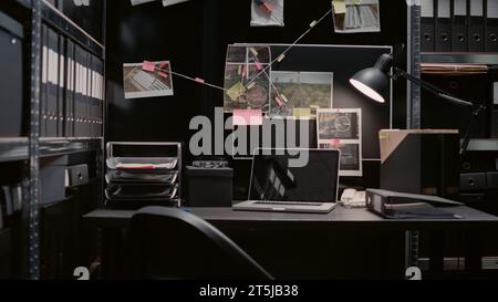 Empty incident room filled with clues and case files, evidence map with ...