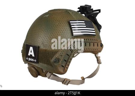 US army kevlar helmet with infrared tab - US flag isolated on white ...