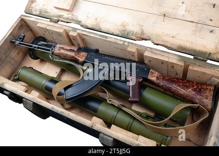 Kalashnikov AK47 gun and "Bazooka" RPG grenade launchers in army green ...