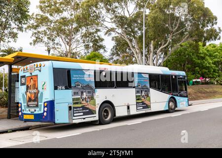 Sydney single decker bus at the bus stop stand in Railway square ...