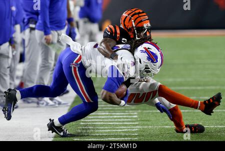 Buffalo Bills running back James Cook (4) is tackled during the second ...