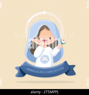 Feast of the Immaculate Conception vector illustration. Virgin Mary praying with a flower in her ...