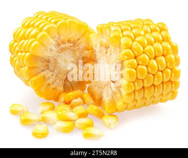 Pieces of maize cob or corn cob and corn seeds isolated on white ...