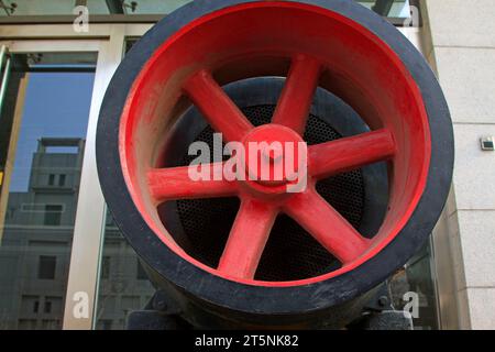 Huge red metal wheels, closeup of photo Stock Photo - Alamy