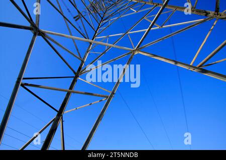 Electric power tower bottom view, closeup of photo Stock Photo - Alamy