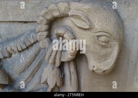 Ram's head carving on the entrance to The University Church of St Mary ...